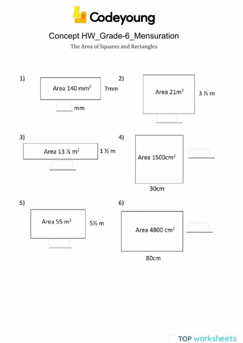 The Area of Squares and Rectangles Concept HW. Interactive worksheet ...