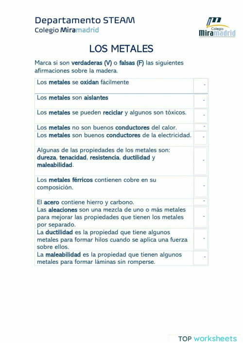 Materiales. Los metales. Ficha interactiva | TopWorksheets