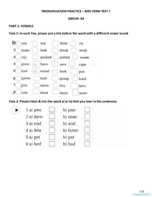 PRONUNCIATION 01 - MID-TERM 1. Interactive worksheet | TopWorksheets