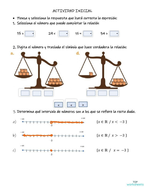 Actividad inicial desigualdad lineal. Ficha interactiva | TopWorksheets