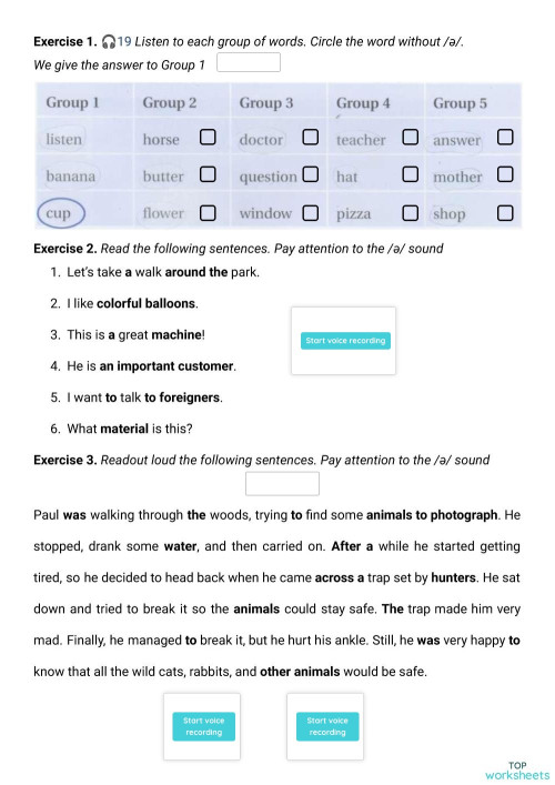Worksheet 2. - /ə/ sound. Interactive worksheet | TopWorksheets