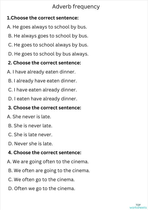Adverb position in the sentence. Interactive worksheet | TopWorksheets