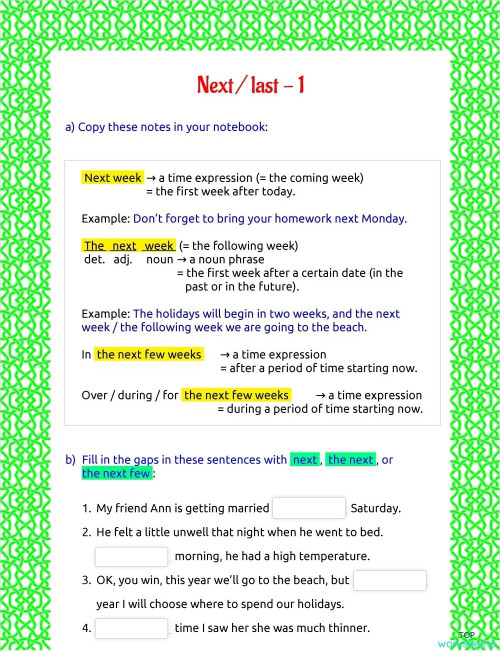 Next / last: interactive worksheets and online exercises | TopWorksheets