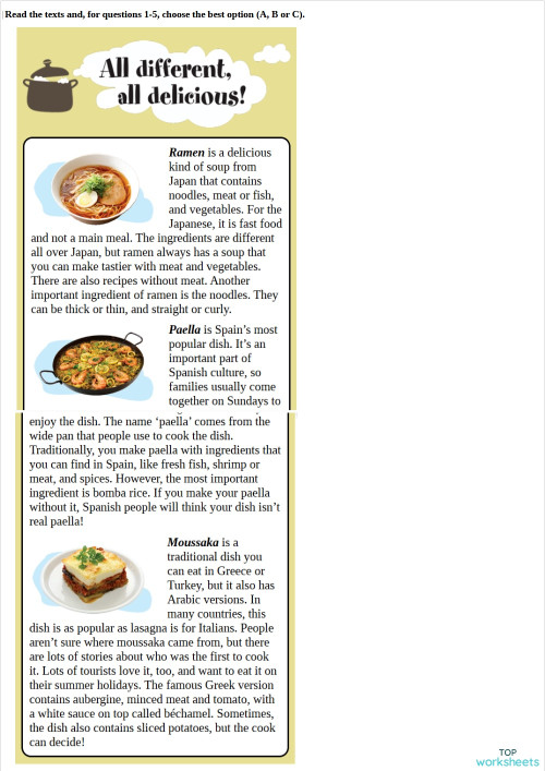 Reading Comprehension Food A2. Interactive worksheet | TopWorksheets