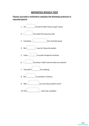 REPORTED SPEECH TEST. Interactive worksheet | TopWorksheets