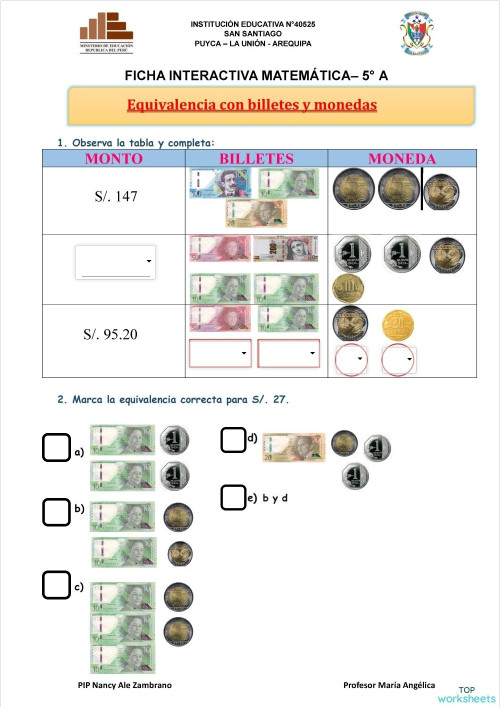 Equivalencia con billetes y monedas 5A. Ficha interactiva | TopWorksheets