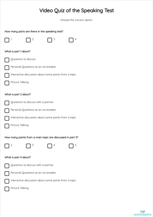 Video Quiz of the Speaking Test for FCE. Interactive worksheet ...