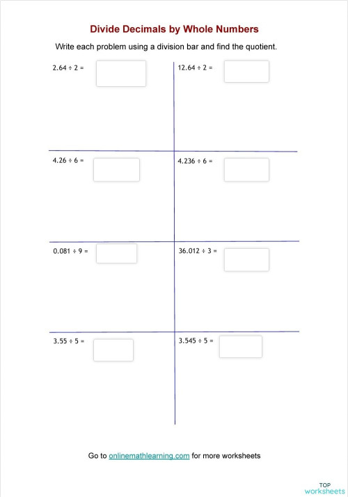 Divide decimals by whole numbers. Interactive worksheet | TopWorksheets