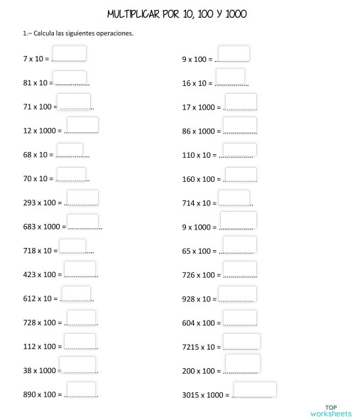 MULTIPLICAR POR 10, 100 Y 1000. Ficha interactiva | TopWorksheets
