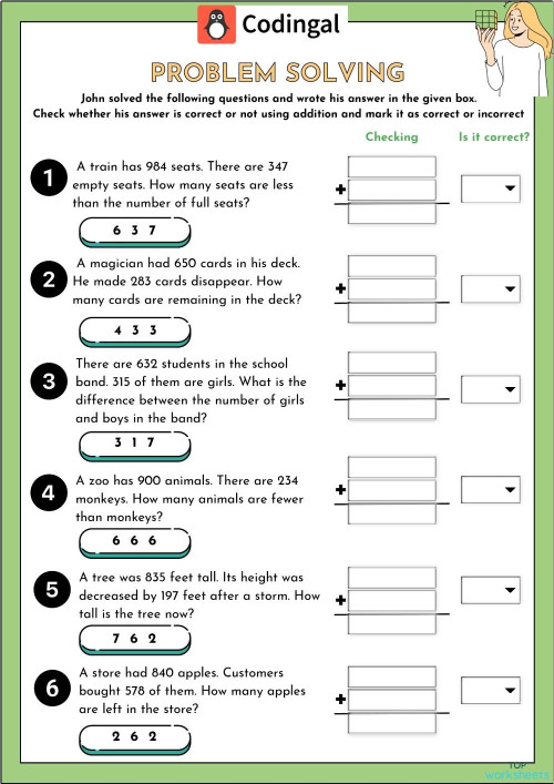 M_G02M07L35_WA02_Subtraction Word Problems with Inverse. Interactive worksheet | TopWorksheets