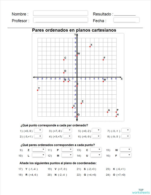 Pares Ordenados en Planos Cartesianos. Ficha interactiva | TopWorksheets