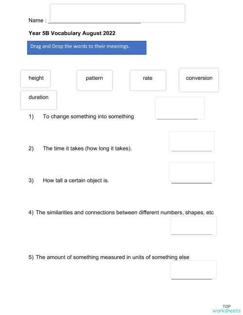 Year 5B Vocabulary August 2022. Interactive worksheet | TopWorksheets