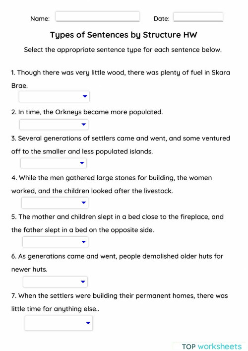 Types of Sentences by Structure HW. Interactive worksheet | TopWorksheets