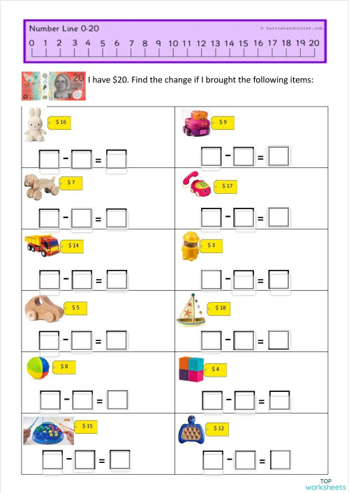 Subtraction from 20 Sheet 1. Interactive worksheet | TopWorksheets