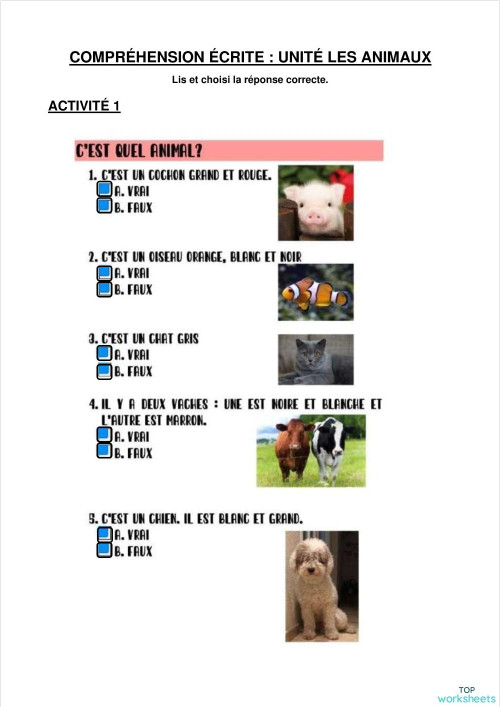 COMPRÉHENSION ÉCRITE LES ANIMAUX. Ficha interactiva | TopWorksheets