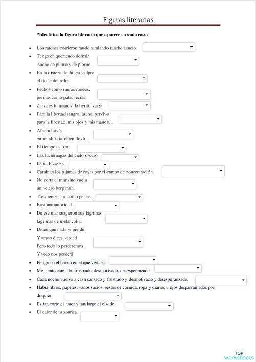 Ficha sobre las figuras literarias. Ficha interactiva | TopWorksheets