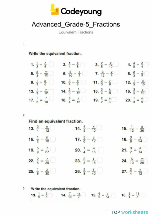 Advanced-Equivalent Fractions. Interactive worksheet | TopWorksheets