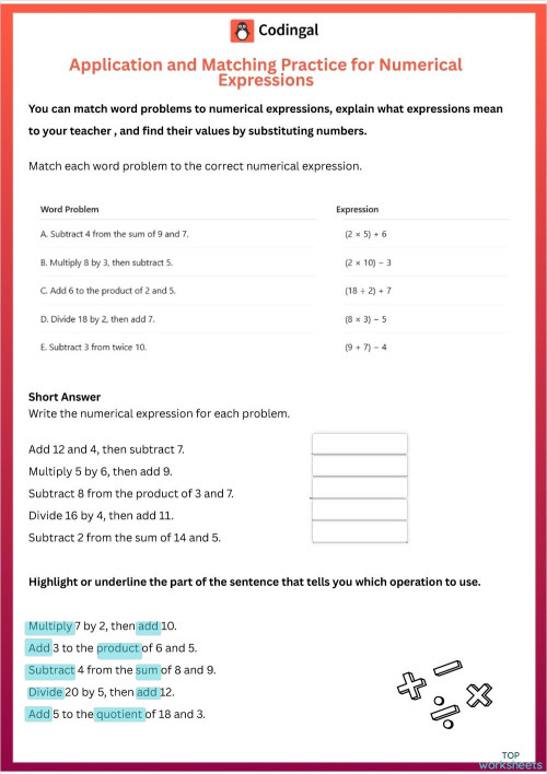 M_G05M12L31_WC02_Writing_and_Interpreting_Expressions_2. Interactive worksheet | TopWorksheets