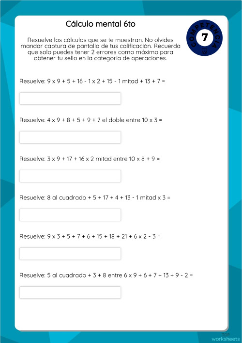 Cálculo mental 6to. Ficha interactiva | TopWorksheets