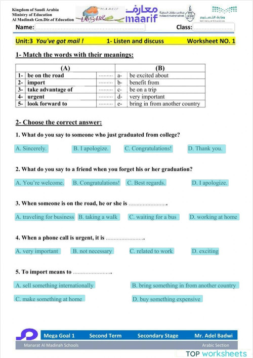 Mega Goal 1.2 Second Term Unit 3 You've got mail! 1-Listen and discuss ...