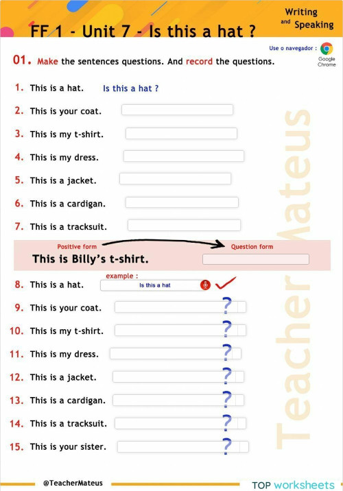 FF 1 - Unit 07 - Is this a hat ? - Writing and Speaking. Interactive ...
