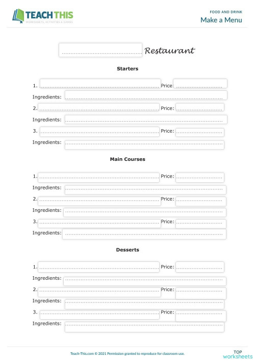 Create your own Restaurant Menu. Interactive worksheet | TopWorksheets