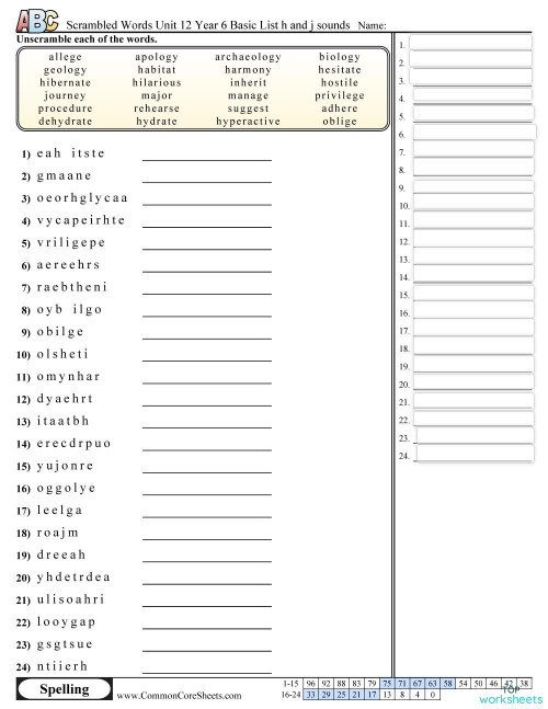 Unit 12 Year 6 Basic List h and j sounds. Interactive worksheet ...