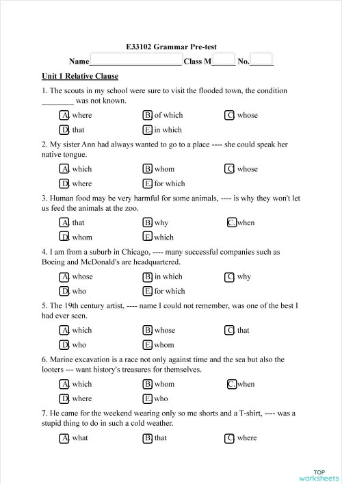 E33102 Grammar Pretest. Interactive worksheet | TopWorksheets