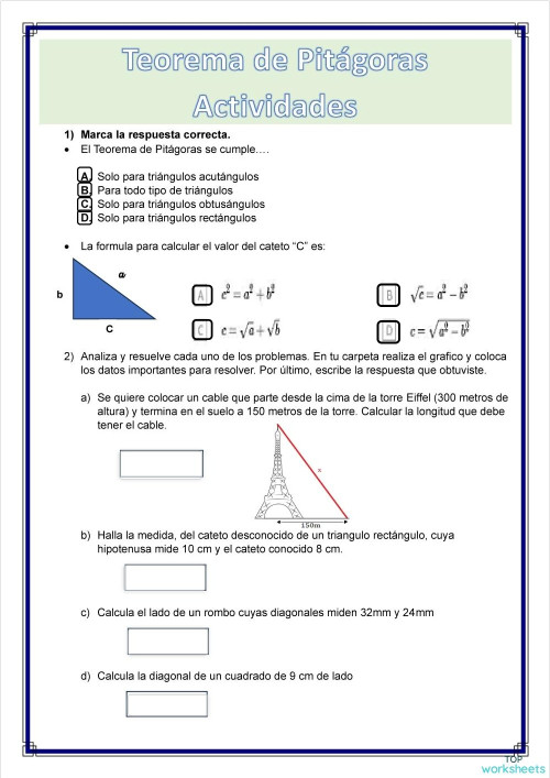 TEOREMA DE PITAGORAS. Actividades. Ficha interactiva | TopWorksheets
