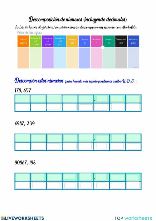 Valor posicional del número: los decimales. Ficha interactiva ...