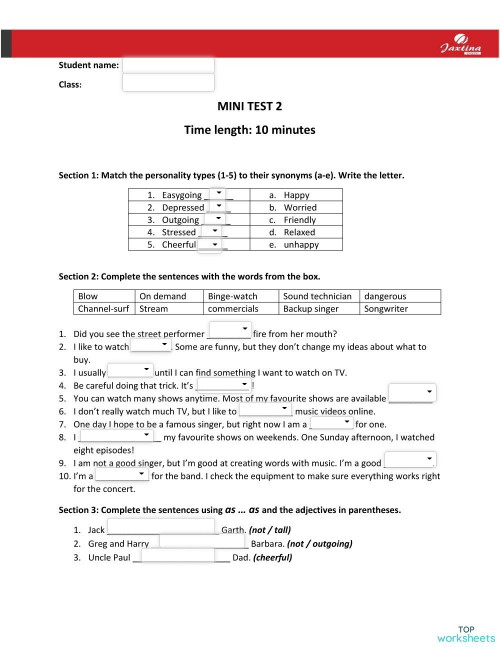 MINI TEST 2-MOCK TEST (TC). Interactive worksheet | TopWorksheets