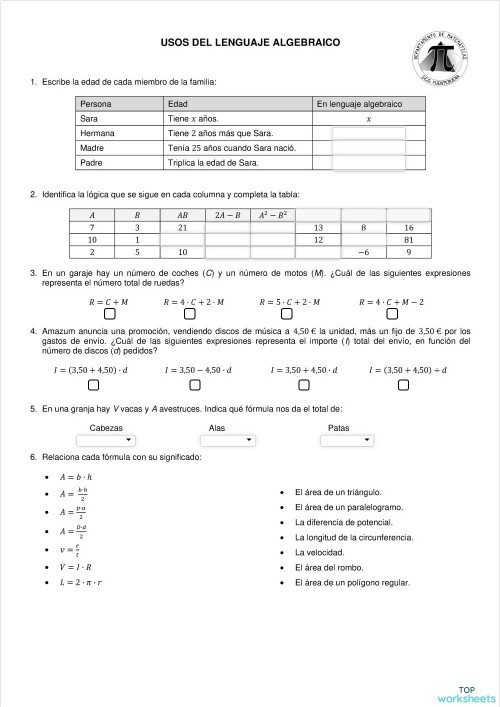 Usos del lenguaje algebraico. Ficha interactiva | TopWorksheets