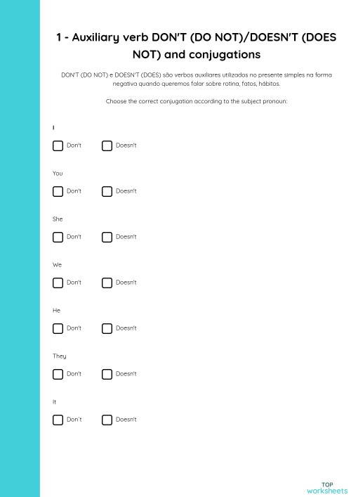 1 - Auxiliary verb DON'T (DO NOT)/DOESN'T (DOES NOT) and conjugations ...