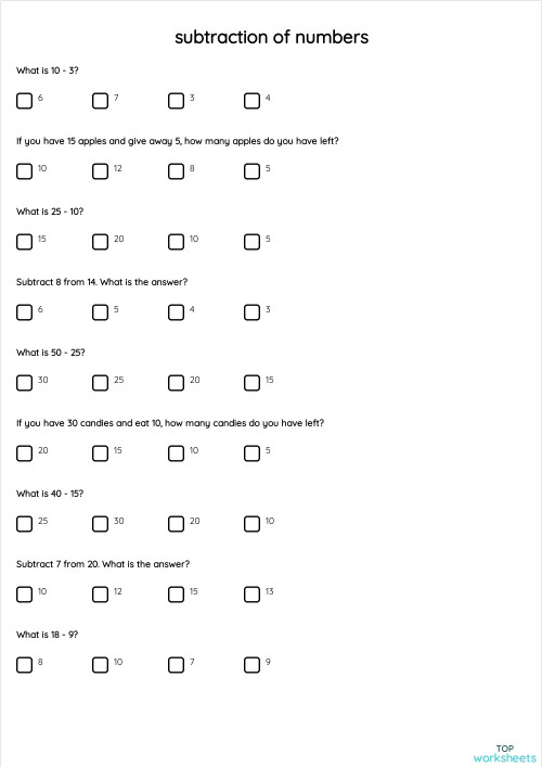 subtraction of numbers. Interactive worksheet | TopWorksheets