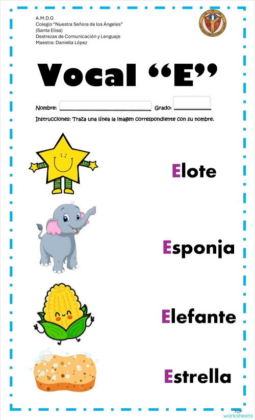 Hoja de trabajo de la vocal "E". Ficha interactiva | TopWorksheets