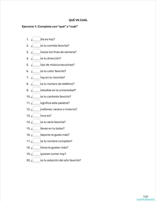 Qué vs Cuál. Ficha interactiva | TopWorksheets