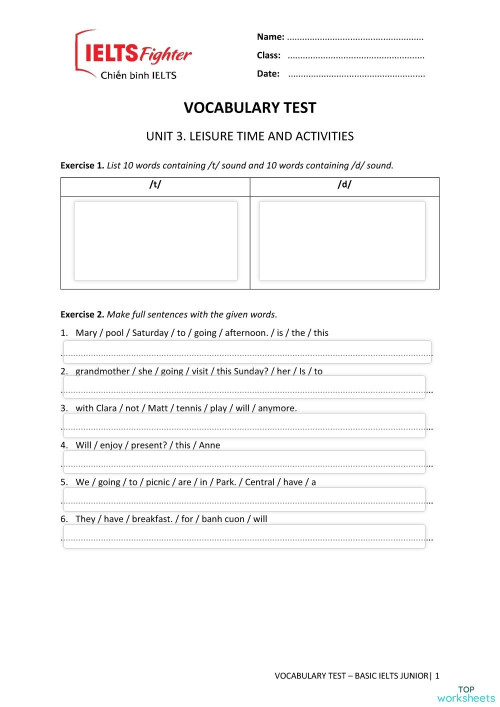 BASIC IELTS JUNIOR - VOCAB TEST 3. Interactive worksheet | TopWorksheets
