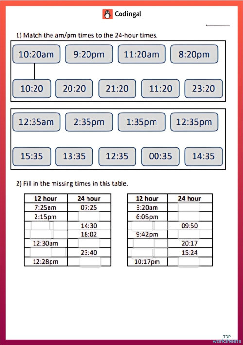 12 and 24 Hour time. Interactive worksheet | TopWorksheets