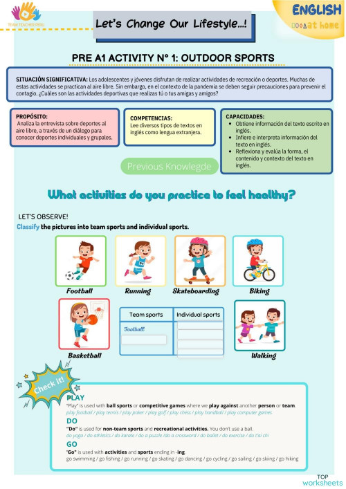 Pre A1 EDA 3.1 Outdoor sports. Interactive worksheet | TopWorksheets