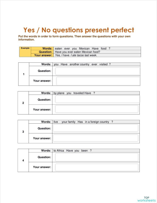 yes / no questions present perfect. Interactive worksheet | TopWorksheets