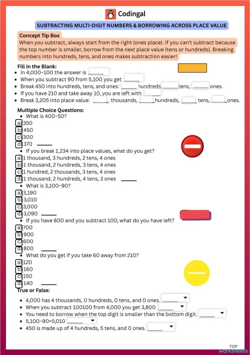 M_G03M05L11_WA01_Use_place_value_for_subtraction_3. Interactive worksheet | TopWorksheets