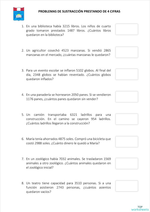 Sustraccion prestando 4 cifras. Ficha interactiva | TopWorksheets