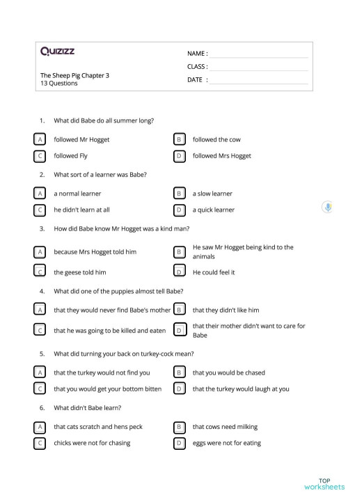 The Sheep Pig Chapter 3. Interactive worksheet | TopWorksheets