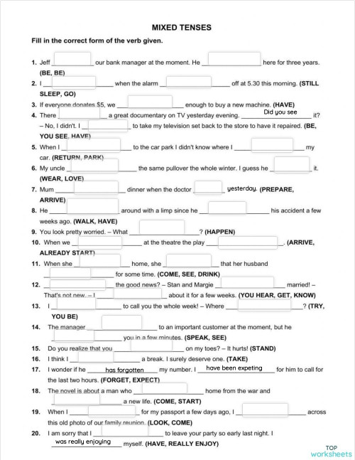 Mixed tense 5 and conditional sentence type 1,2. Interactive worksheet ...