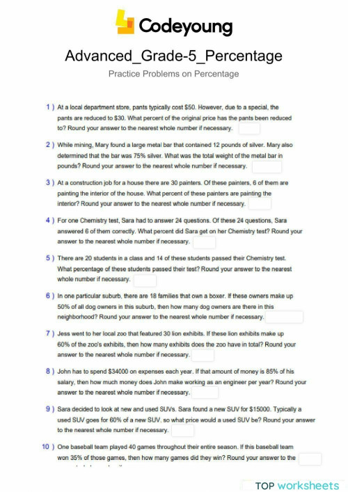 Advanced-Practice Problems on Percentage. Interactive worksheet ...