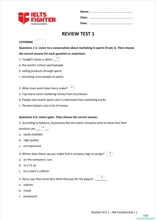 REVIEW TEST 1 - PREF. Interactive worksheet | TopWorksheets