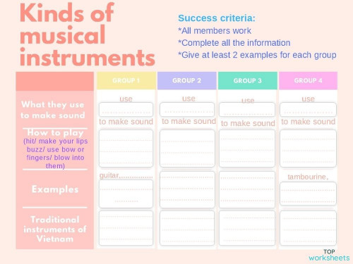 Kinds of musical instruments. Interactive worksheet | TopWorksheets