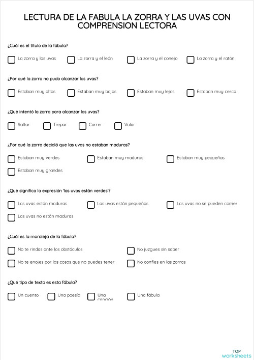 LECTURA DE LA FABULA LA ZORRA Y LAS UVAS CON COMPRENSION LECTORA. Ficha ...