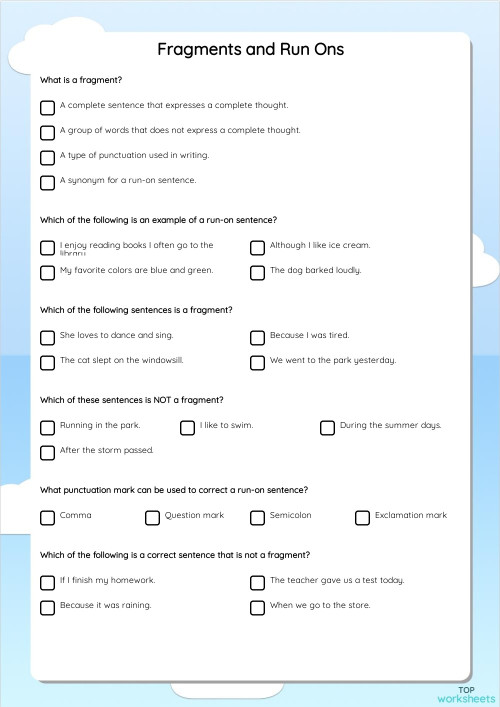 Fragments and Run Ons. Interactive worksheet | TopWorksheets