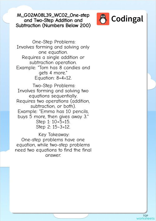 M_G02M08L39_WC02_One-step and Two-Step Addition and Subtraction (Numbers Below 200). Interactive ...